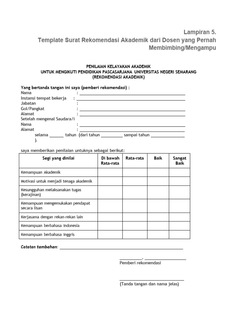 Template Surat Rekomendasi Akademik Dari Dosen Yang Pernah Mengampu | PDF