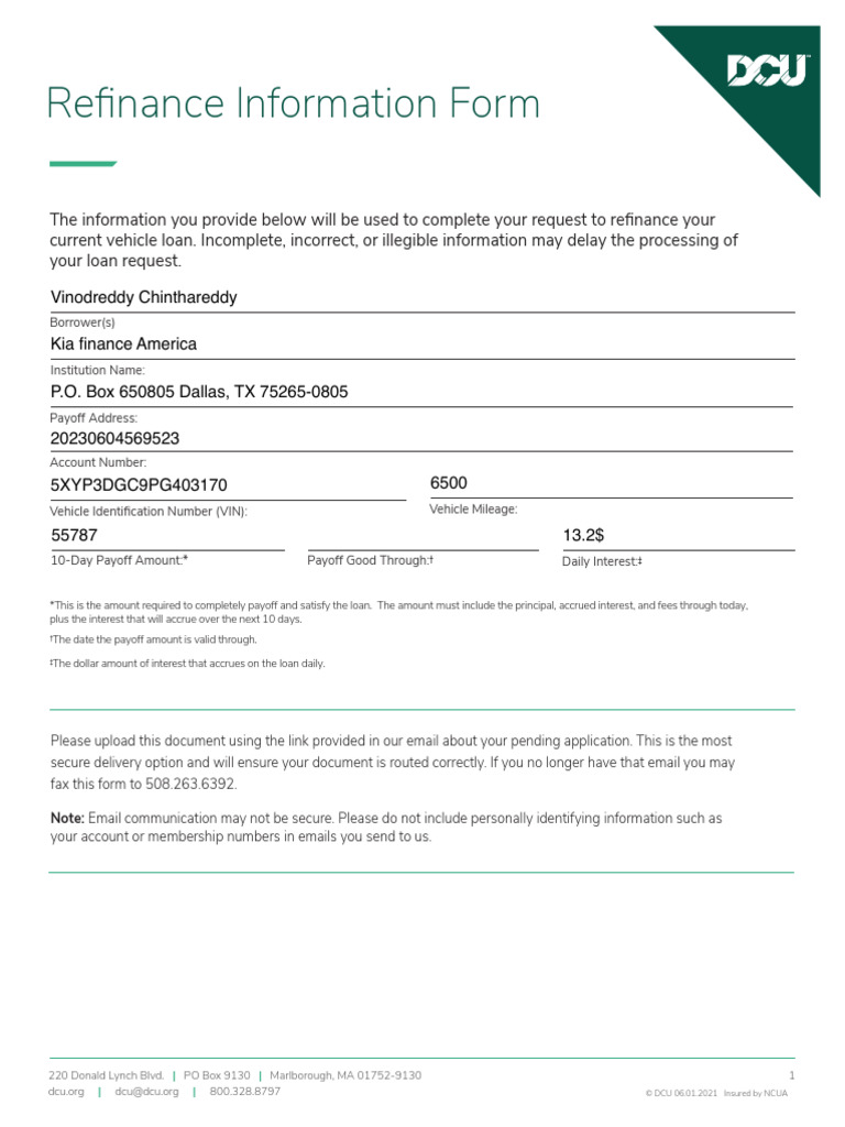 Refinance Information Form For Autos | PDF | Law