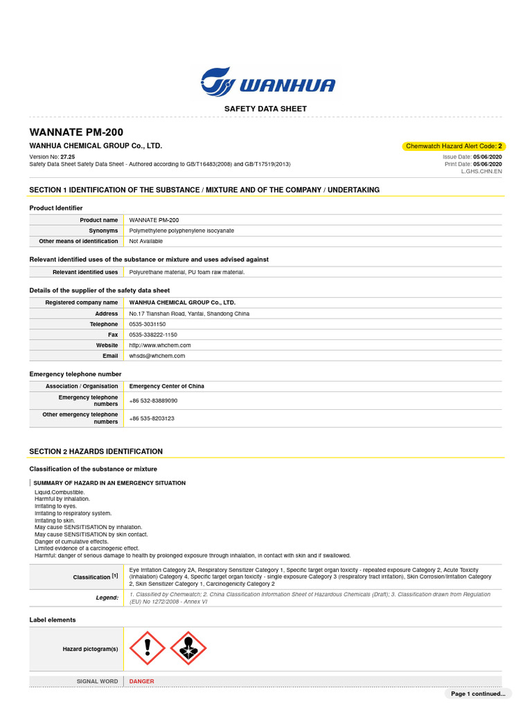 Wannate PM-200 SDS 20200605 | PDF | Combustion | Asthma