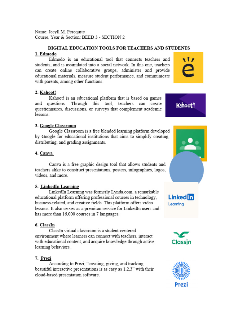 DIGITAL EDUCATION TOOLS FOR TEACHERS AND STUDENTS | PDF | Educational Technology | Human ...