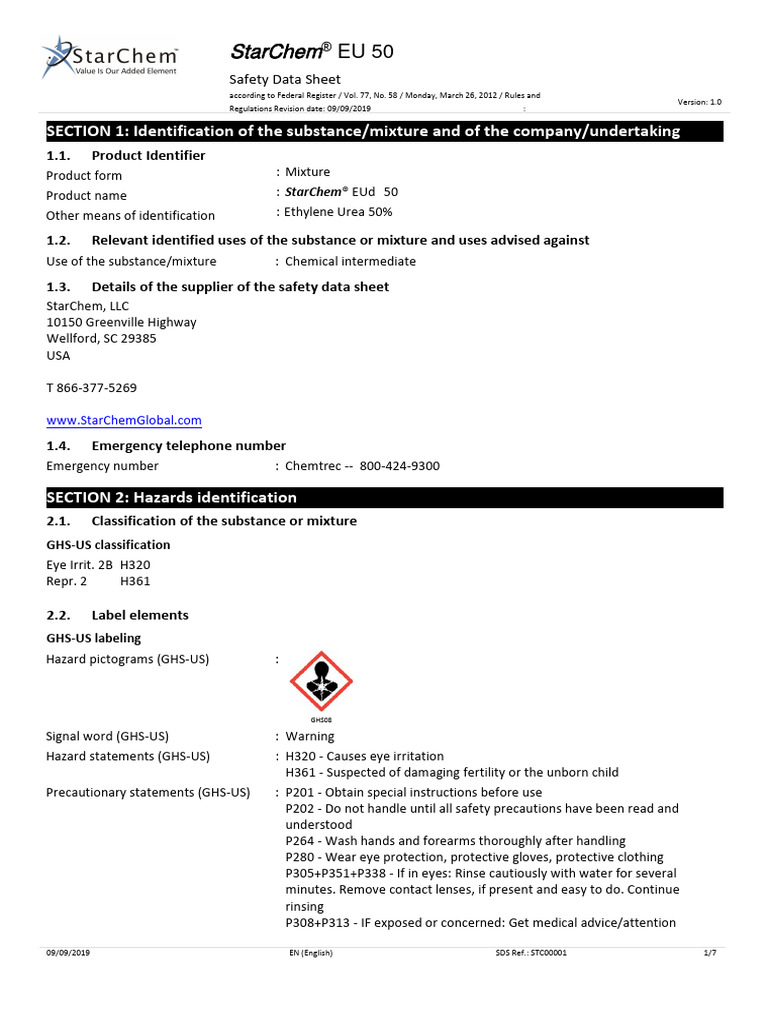 Starchem Eu-50 Us Sds | Download Free PDF | Toxicity | Occupational ...