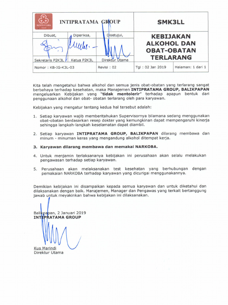 2.1.a - 3. KB-IG-K3L-03 KEBIJAKAN ALKOHOL DAN OBAT - OBATAN TERLARANG | PDF