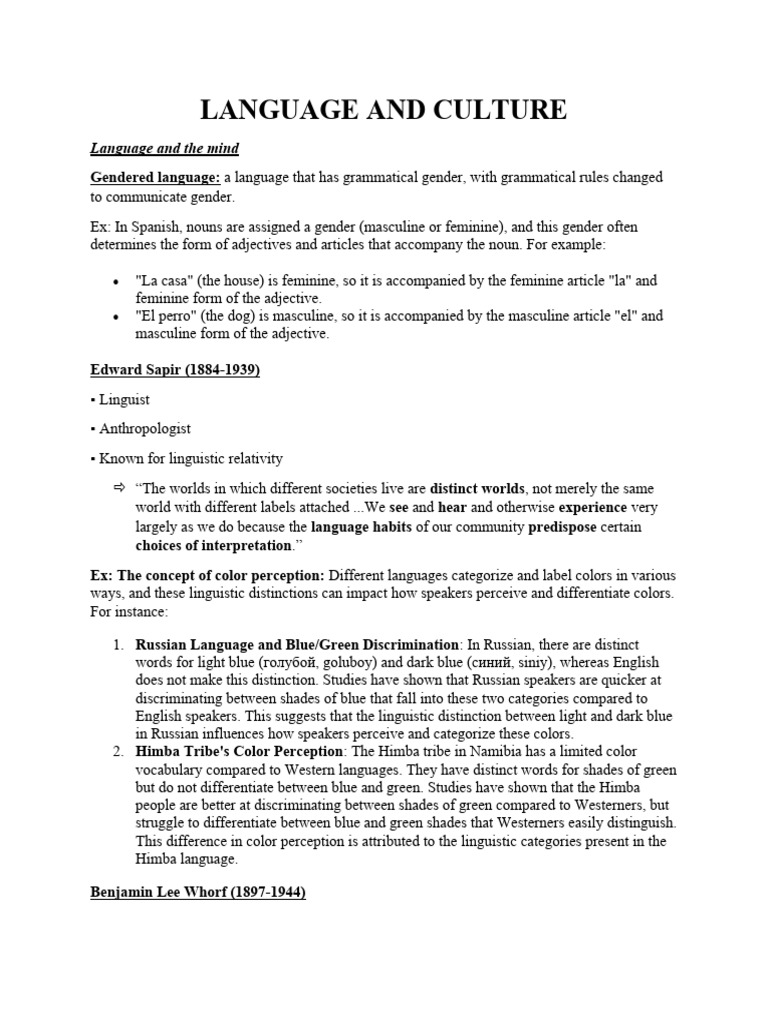LANGUAGE AND CULTURE SUMMARY | Download Free PDF | Grammatical Gender ...