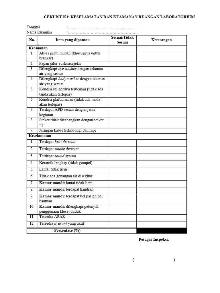 Form Checklist Inspeksi K3 Laboratorium | PDF