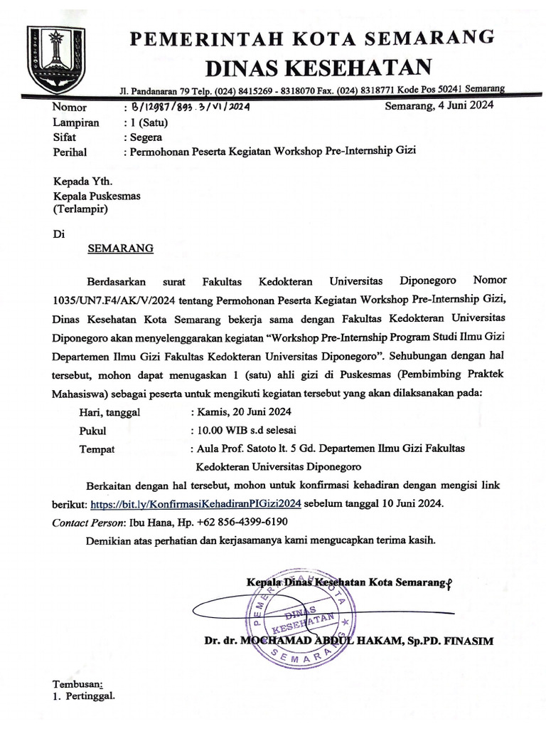 Surat Permohonan Peserta Workshop Pre-Internship Gizi | PDF