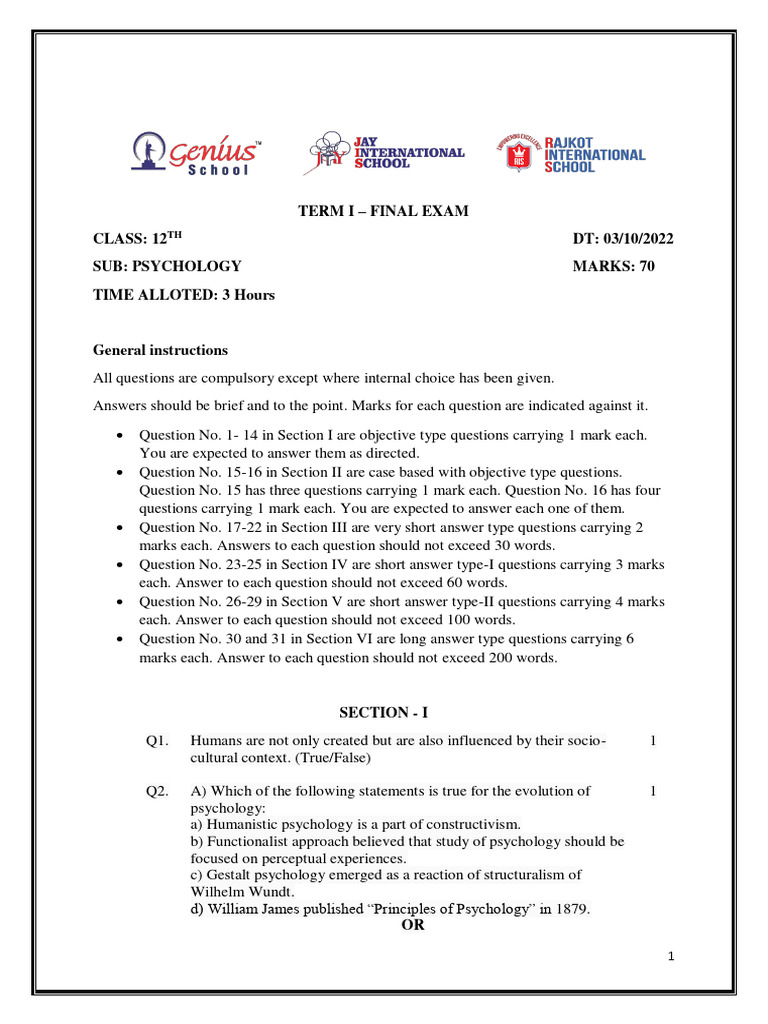 Psychology - Class 11 - Final Term Practice Paper | PDF | Cognition | Psychological Concepts