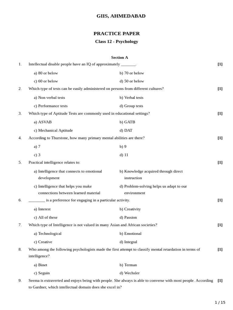 CH 1 Psychology Class 12 Practice Worksheet | PDF | Intelligence ...