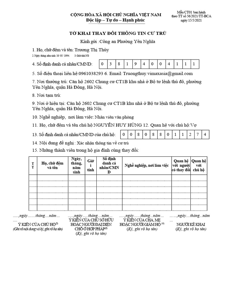 CT01 To Khai Thay Doi Thong Tin Cu Tru | PDF