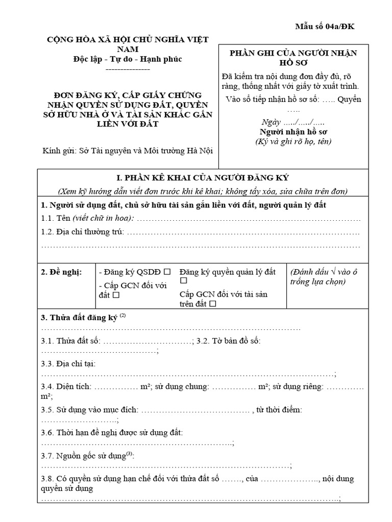 Mẫu số 04a-dk ĐƠN ĐĂNG KÝ, CẤP GIẤY CHỨNG NHẬN QUYỀN SỬ DỤNG ĐẤT, QUYỀN ...