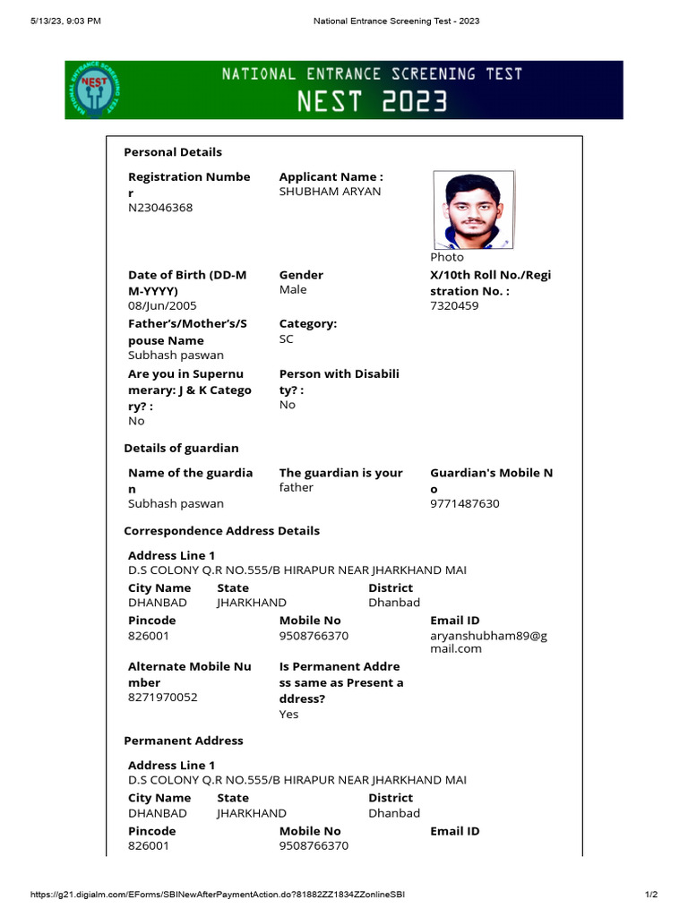 National Entrance Screening Test - 2023 | PDF