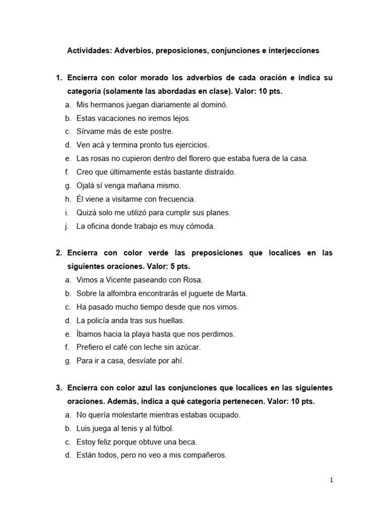 Actividades Adverbios, Preposiciones, Conjunciones e Interjecciones 1 | PDF | Sustantivo | Palabra