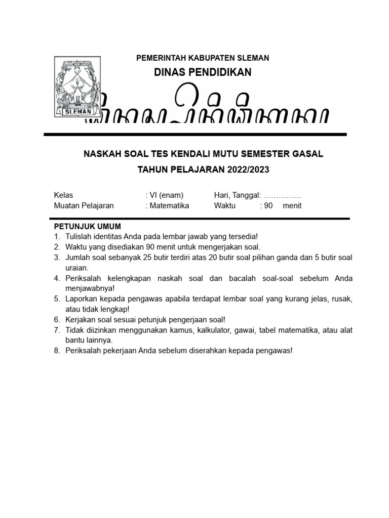 Soal TKM Kelas Vi Mupel Matematika | PDF