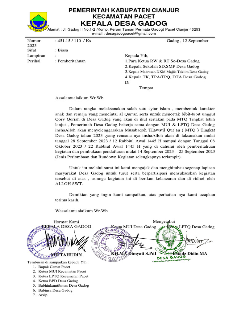 Surat Pemberitahuan Dan Formulir MTQ Desa Gadog 2023 | PDF