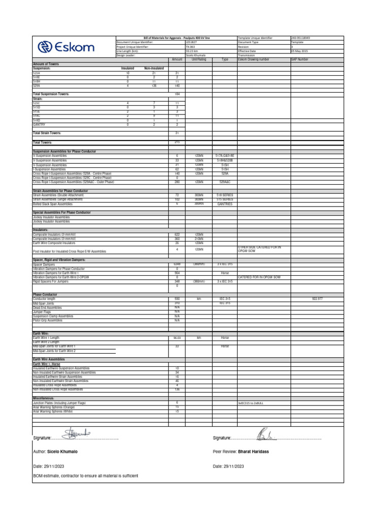 AGG-PAU 400 kV Line Bill of Materials Revision 1 | PDF | Manufactured ...