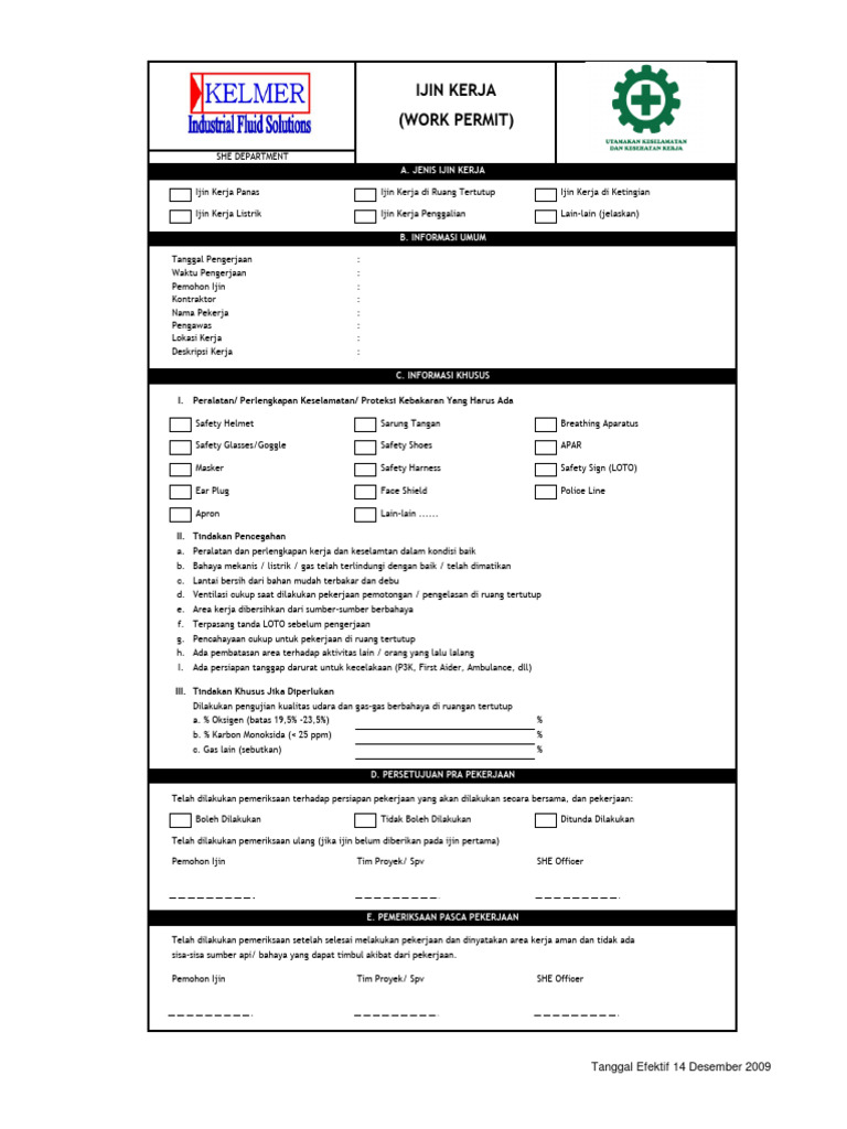Work Permit K3 PT Kelmer Indonesia | PDF