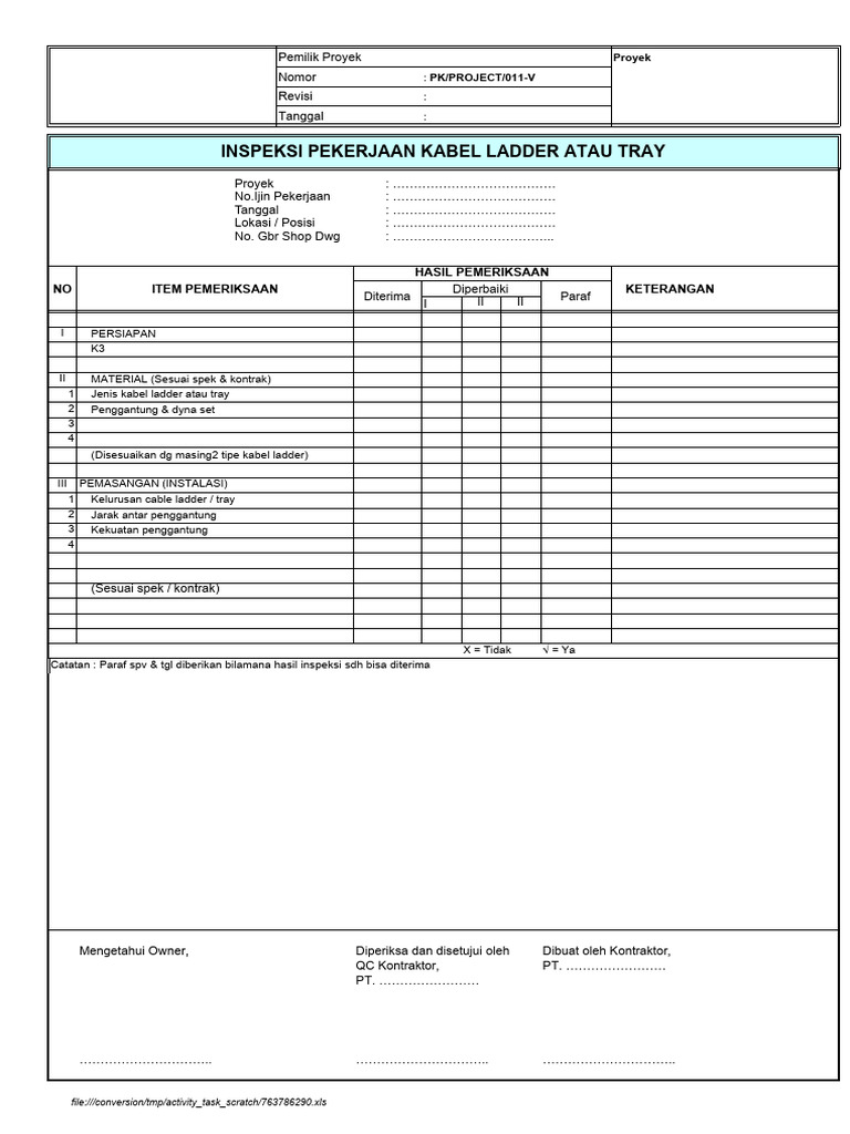 Form-Inspeksi Instalasi Kabel Ladder Atau Tray | PDF