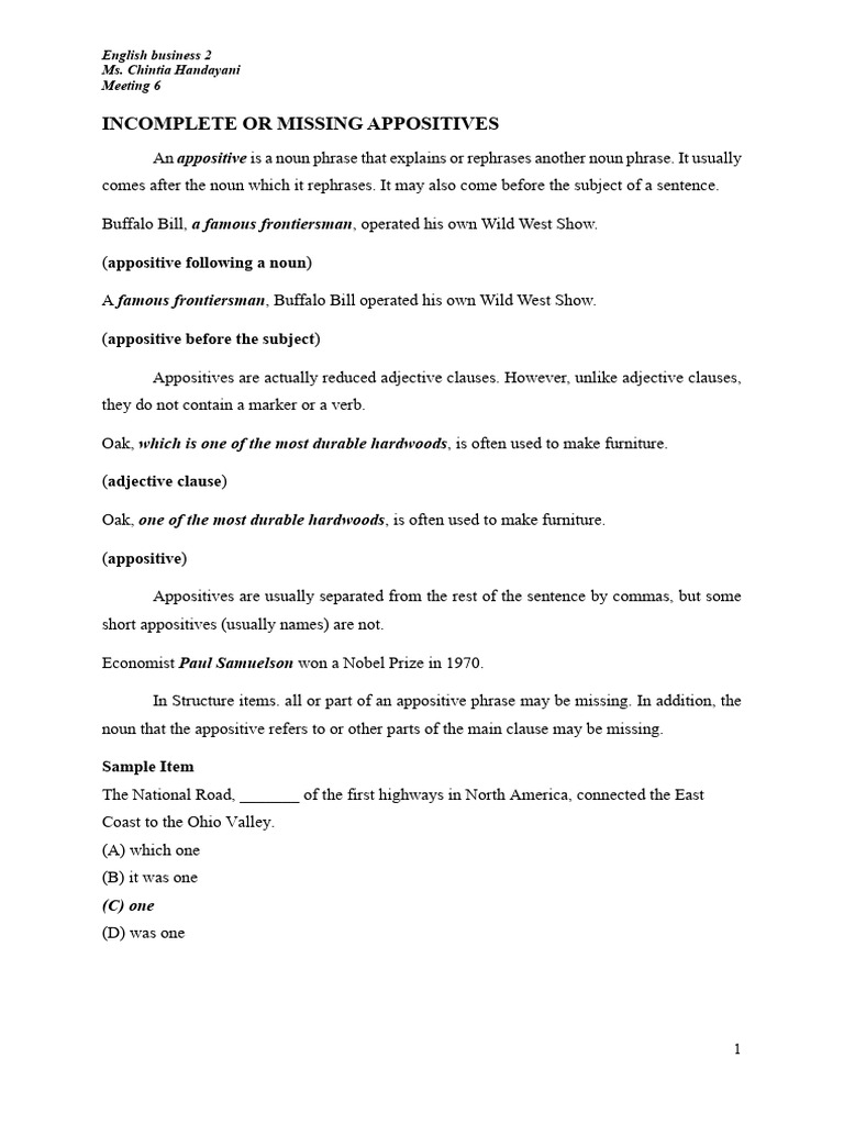 Incomplete or Missing Appositives (Meeting 6) | PDF | Phrase | Verb
