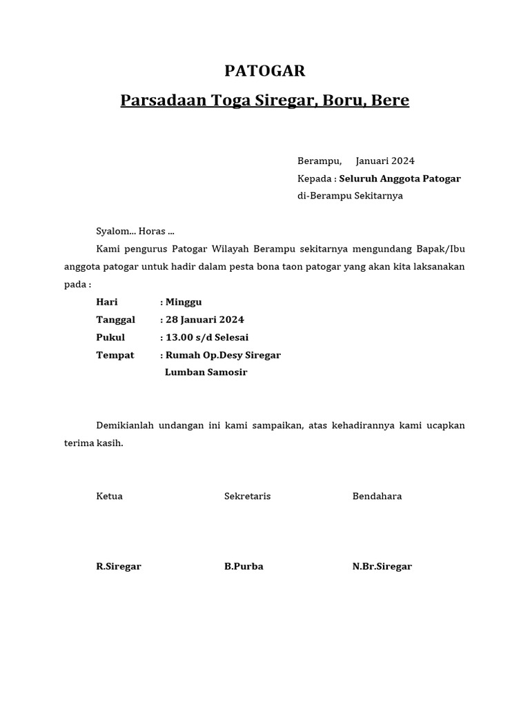 Undangan Pesta Bona Taon Patogar 2024 | PDF
