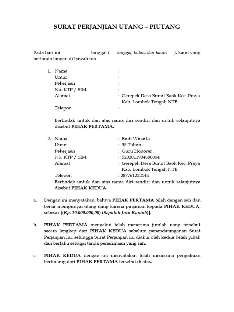 Contoh Surat Perjanjian Utang Piutang FH UII | PDF