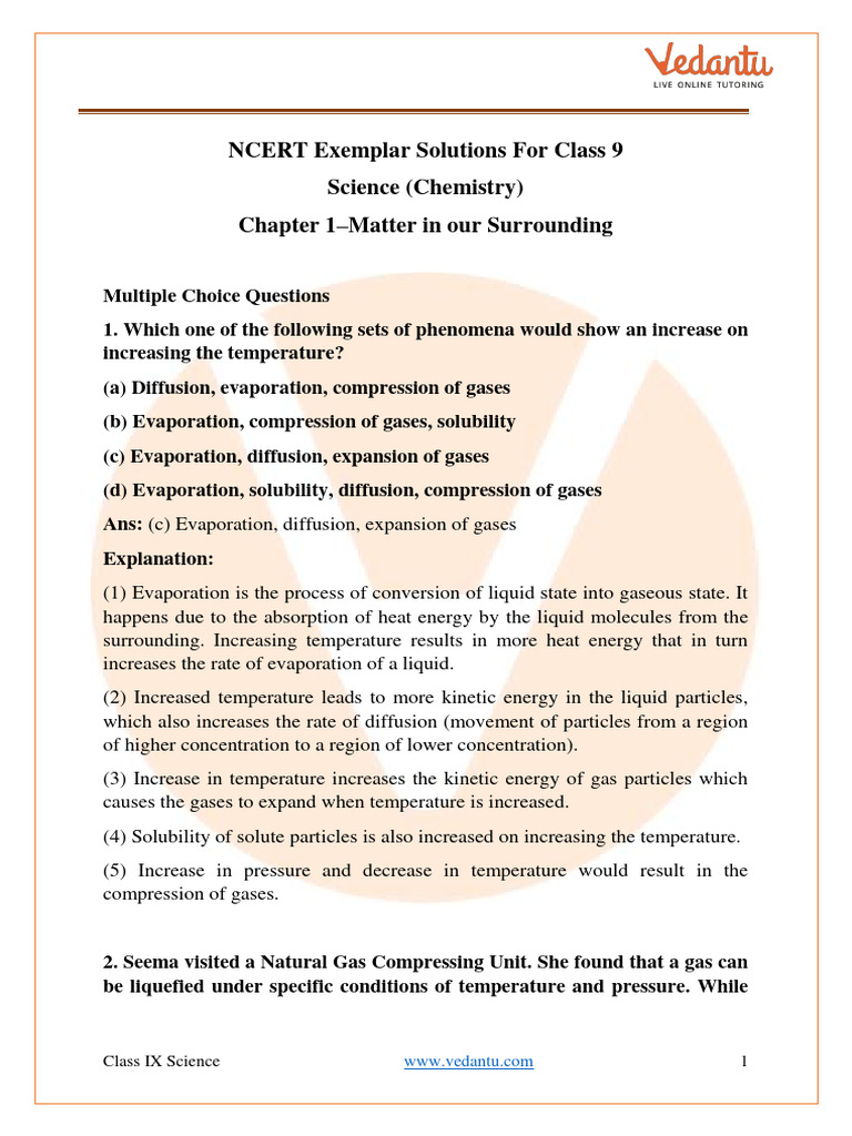NCERT Exemplar For Class 9 Science Chapter 1 - Matter in Our Surroundings (Book Solutions) | PDF ...