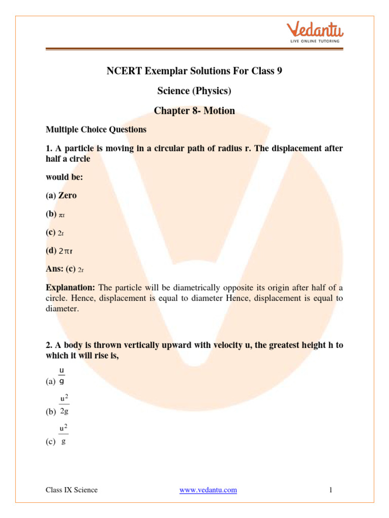 NCERT Exemplar For Class 9 Science Chapter 8 - Motion (Book Solutions) | PDF | Acceleration ...