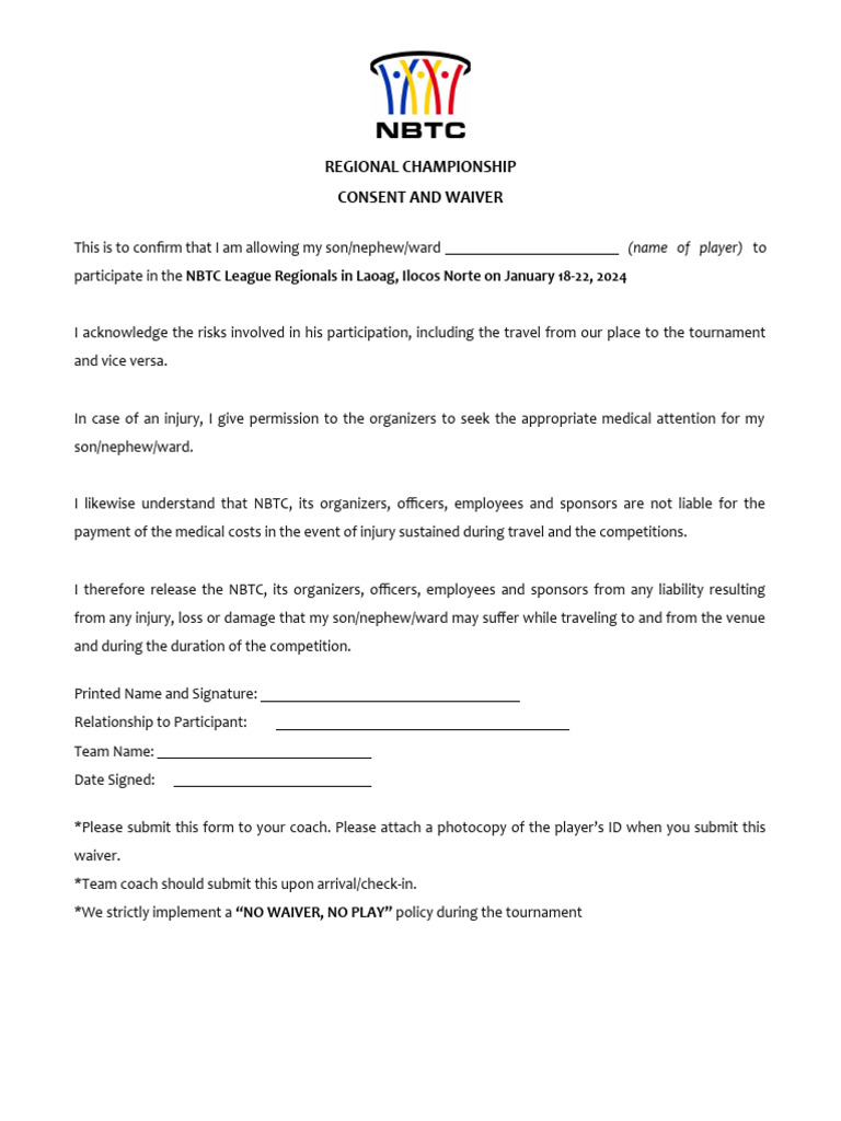 NBTC Regional Championship Waiver Form | PDF