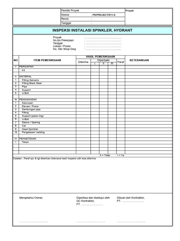 Form-Inspeksi Instalasi Pipa Sprinkler Hydrant | PDF