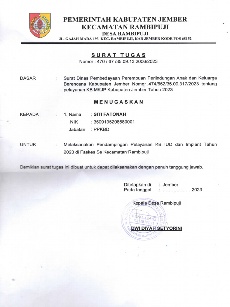 Surat Tugas Siti Fatonah | PDF