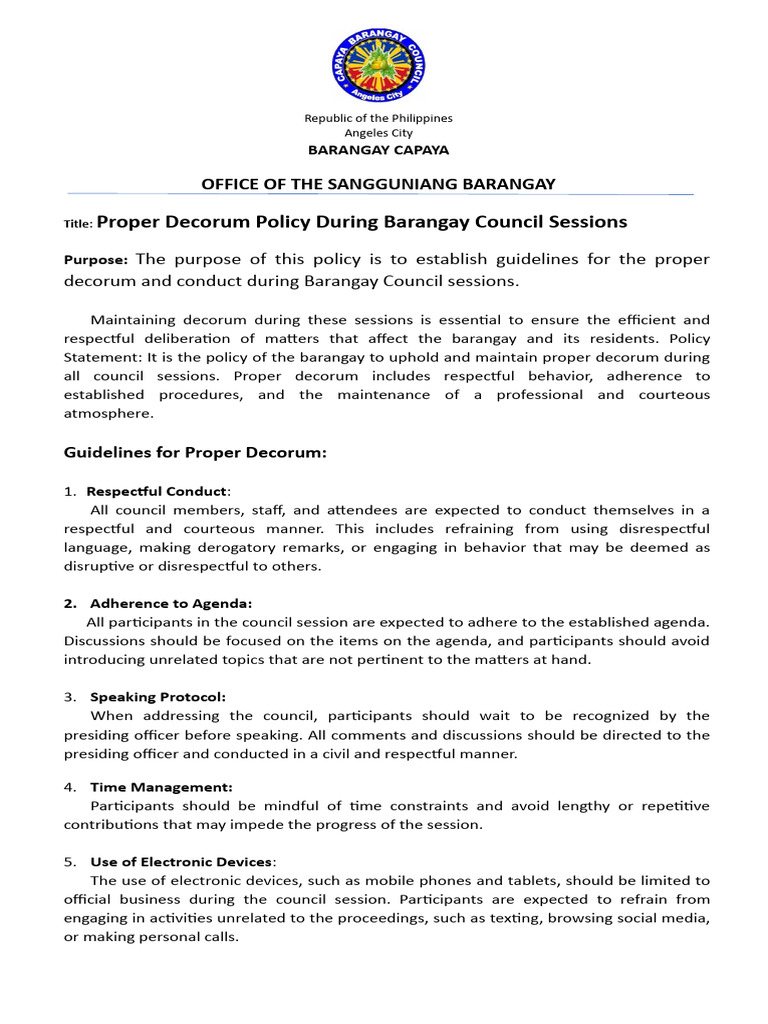 Proper Decorum During The Conduct of Barangay Council Session - S2023 ...