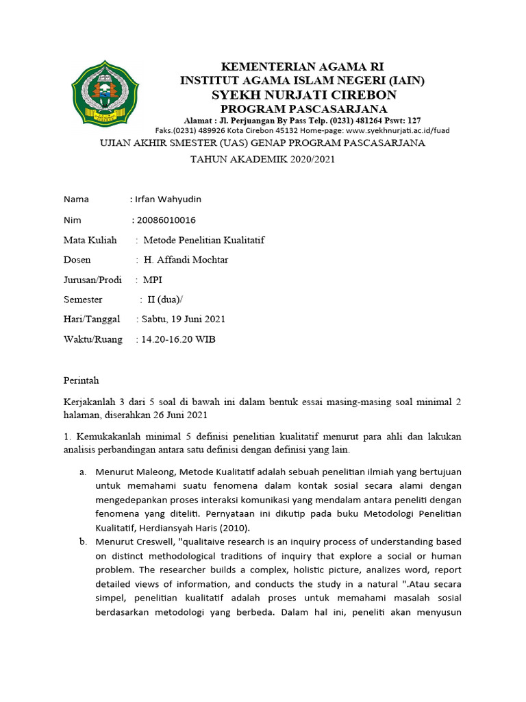 Jawaban Uas MK Kualitatif | PDF