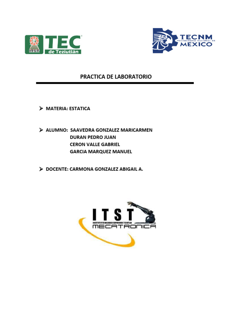 PRACTICA DE LABORATORIO de Estatica U.5 | PDF | Braguero | Ingeniería mecánica