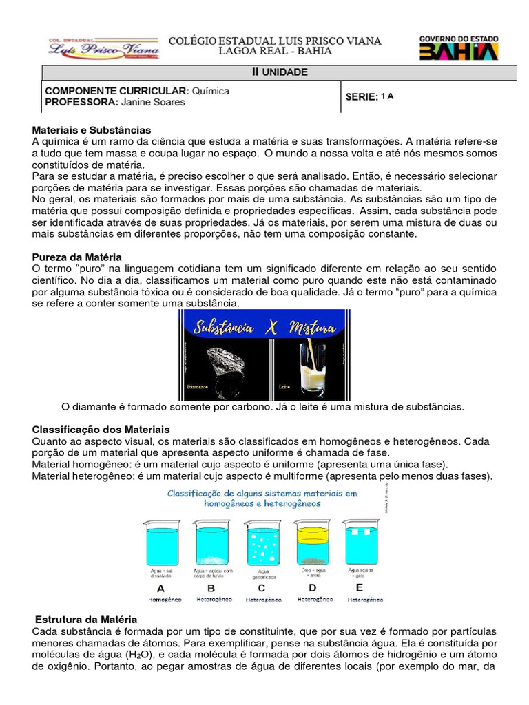 Atividade Química 1 Ano Download Grátis Pdf Substancias Químicas