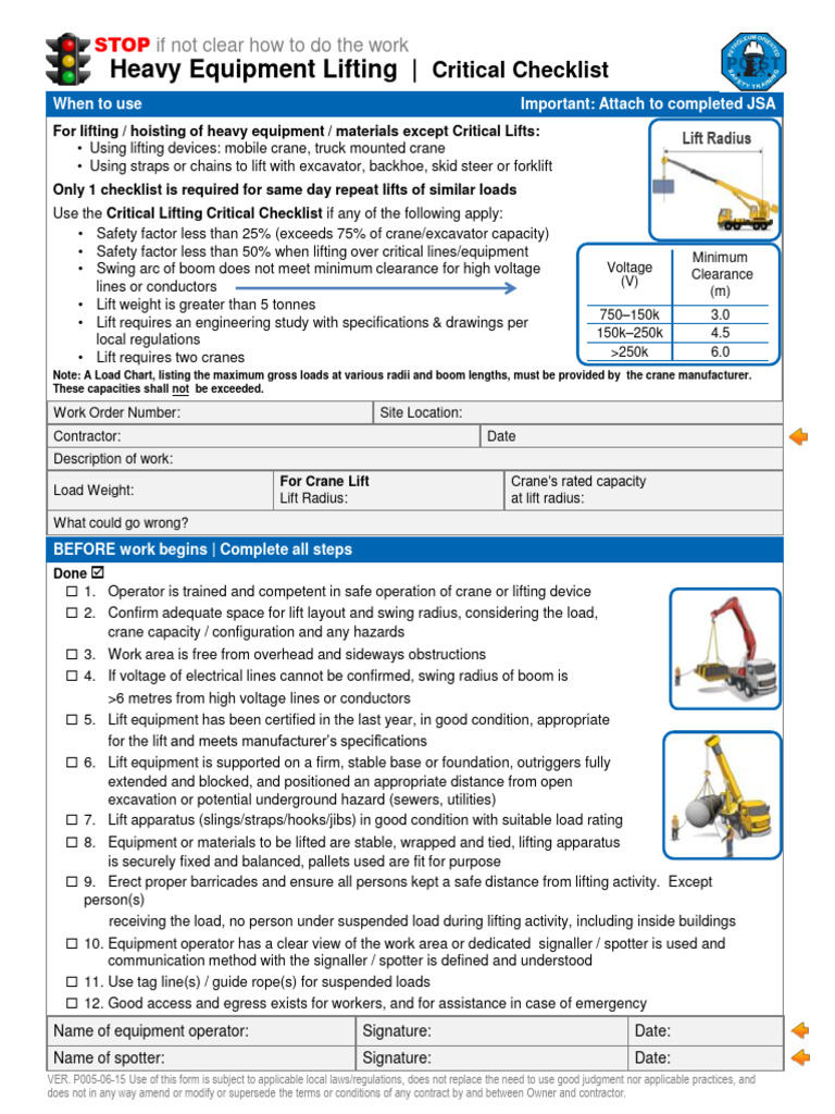 VER.P005!06!15 Heavy Equipment Lifting Checklist | PDF | Crane (Machine ...