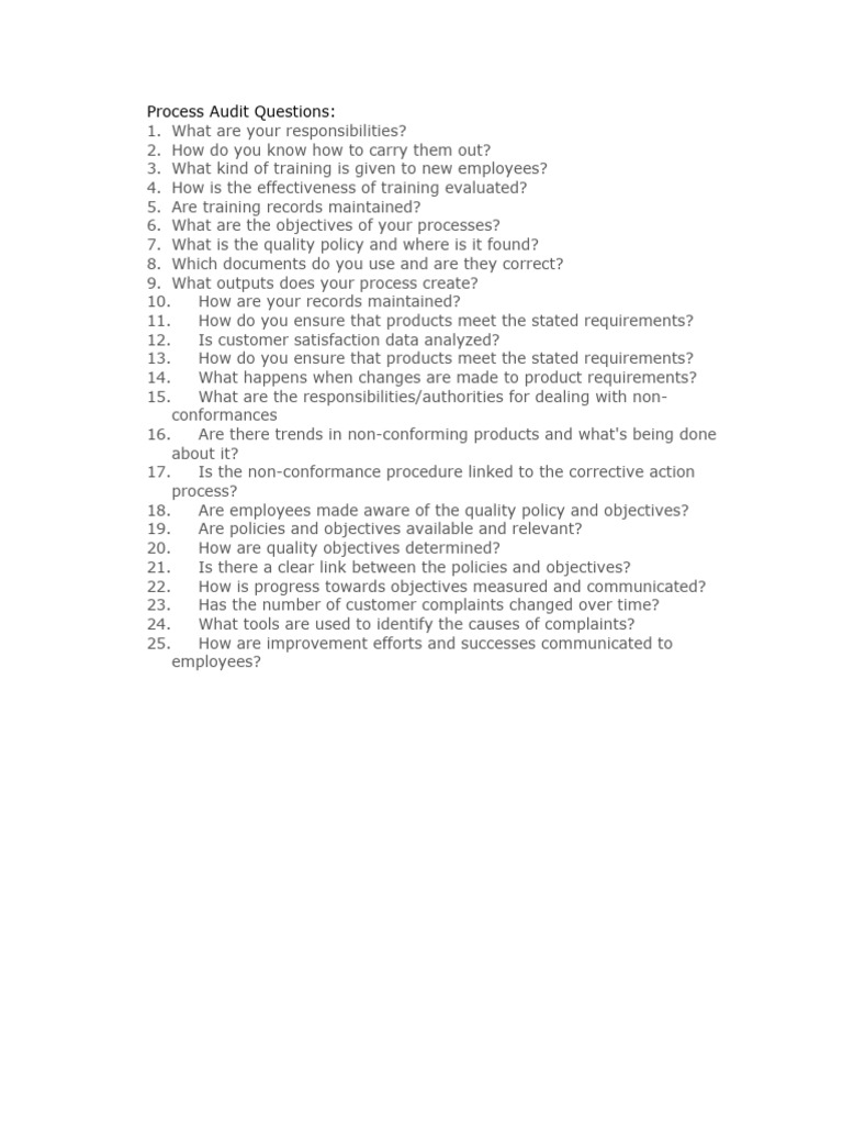 Process Audit Questions | PDF | Quality Management System | Iso 9000