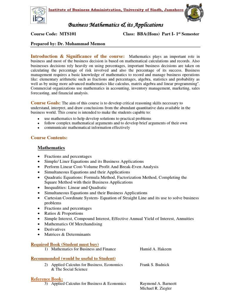 Business Mathematics Course Overview | PDF | Equations | Mathematics