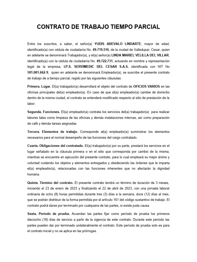 Contrato de Trabajo Tiempo Parcial | Descargar gratis PDF | Salario