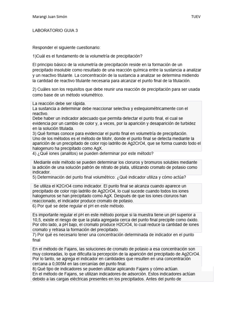 Informe Laboratorio 3 Marangi Juan | PDF | Precipitación (Química ...