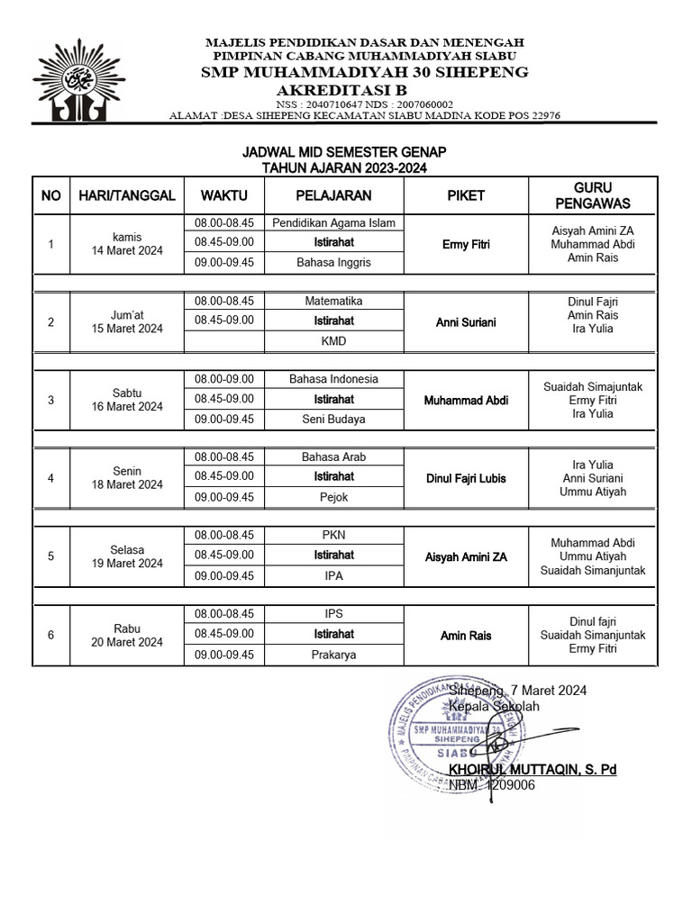 Jadwal Mid Semester Genap 2023-2024 | PDF