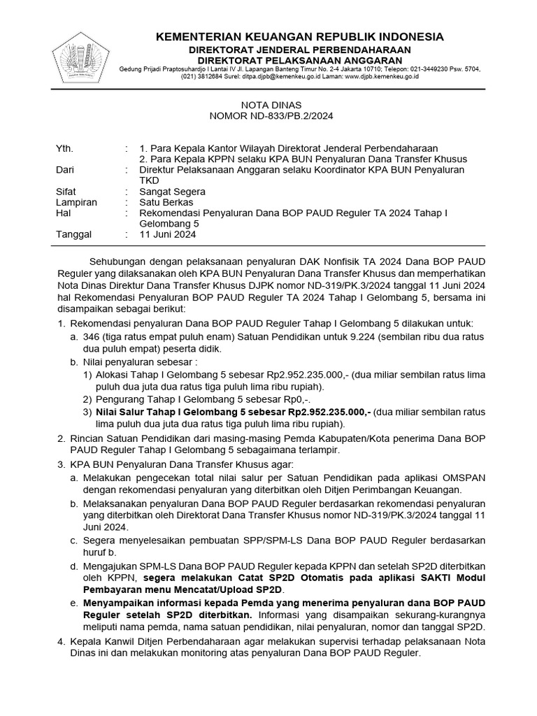 Rekomendasi Penyaluran Dana BOP PAUD Reguler TA 2024 Tahap I Gelombang 5 | PDF | Pengelolaan ...