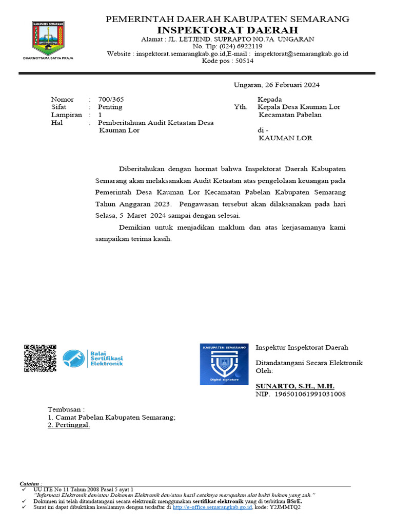 Surat Pemberitahuan Desa Kauman Lor | PDF