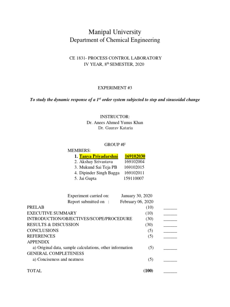 Exp3 - Dynamic Response in 1st Order System For Step and Sine Fn. | PDF | Temperature | Phase ...