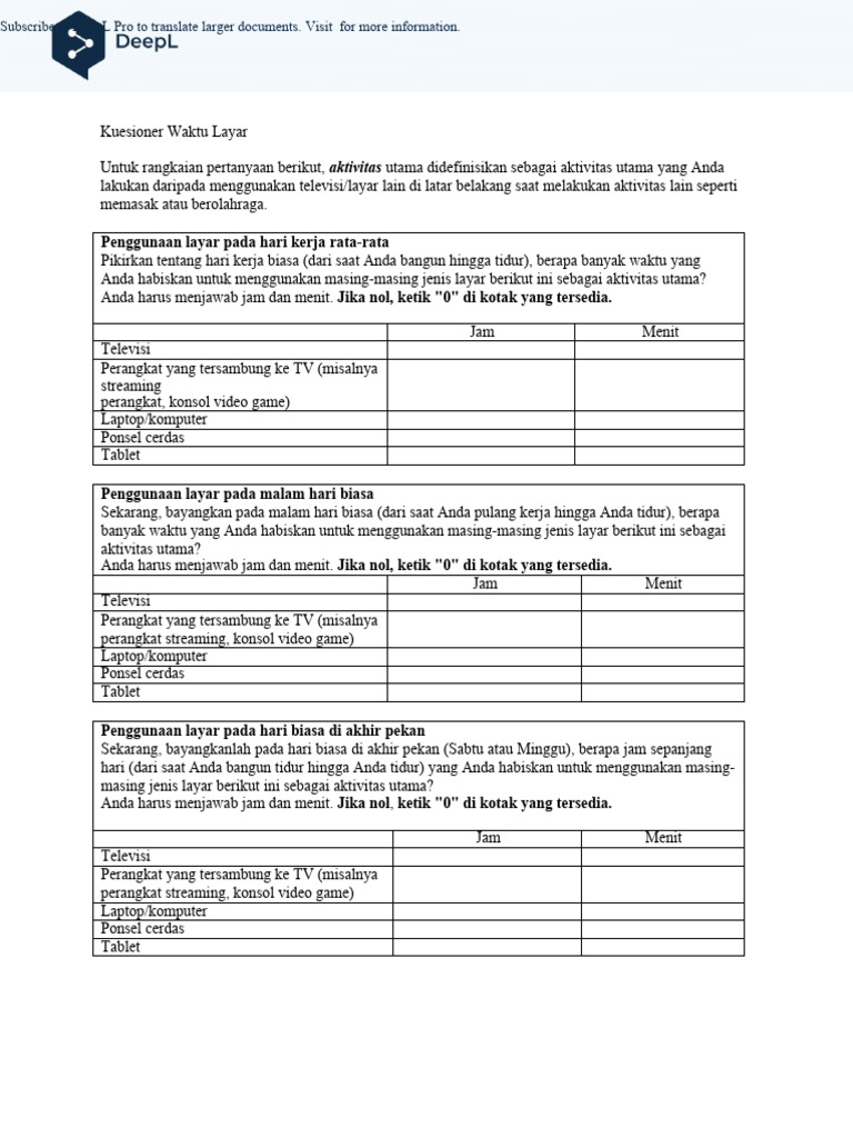 Kuesioner Screen Time Id | PDF