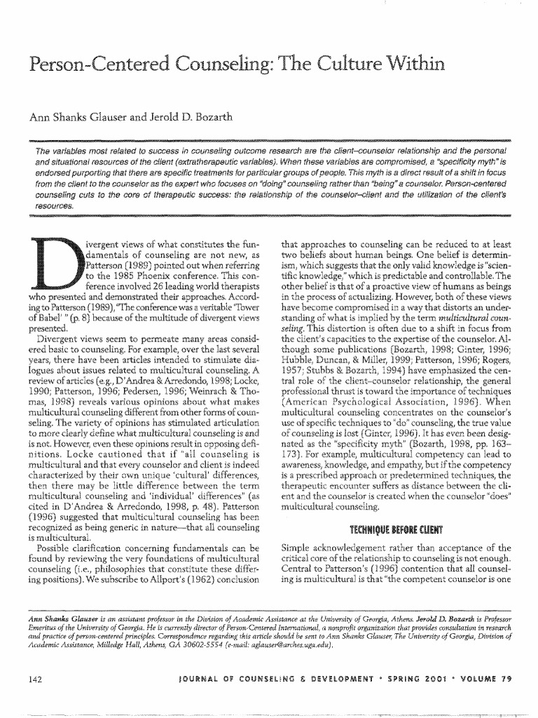 Glauser & Bozarth (2001) Person-Centred Counselling - The Culture ...