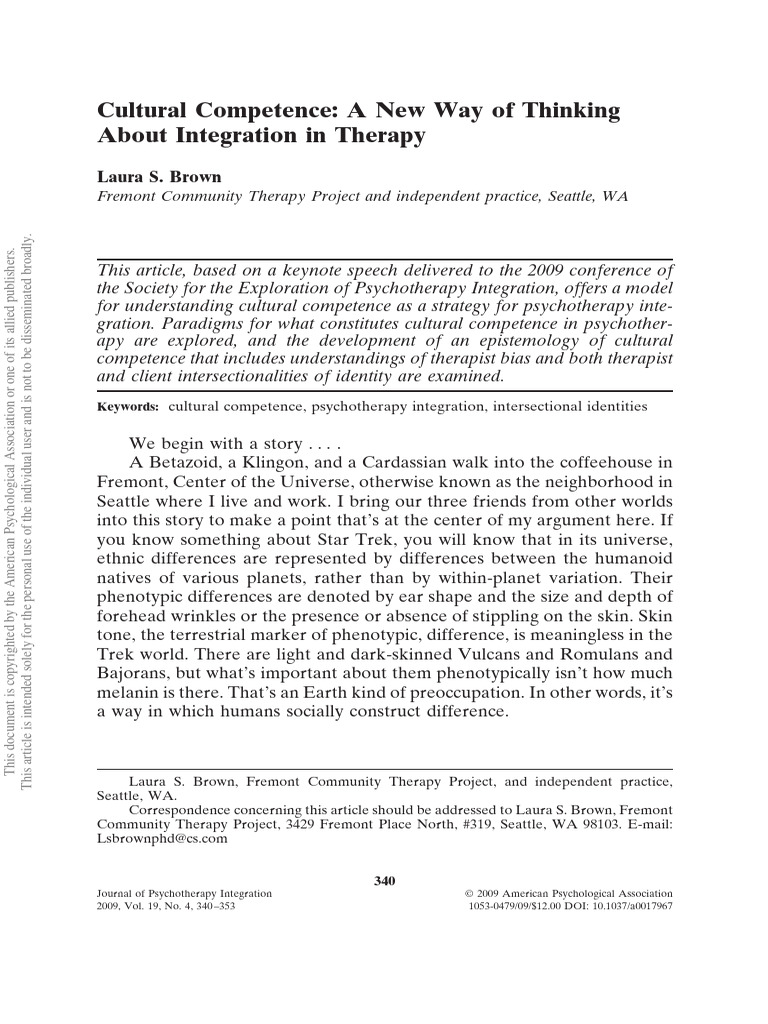 Laura Brown (2009) Cultural competence - A new Way of Thinking About Integration in Therapy ...