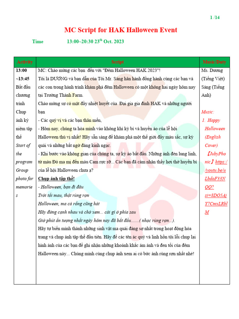MC Script For HAK Halloween Event: Time 13:00 20:30 23 Oct. 2023 | PDF