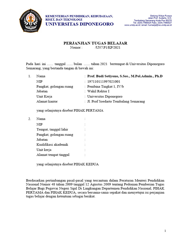 Perjanjian Tugas Belajar PNS 2021 | PDF