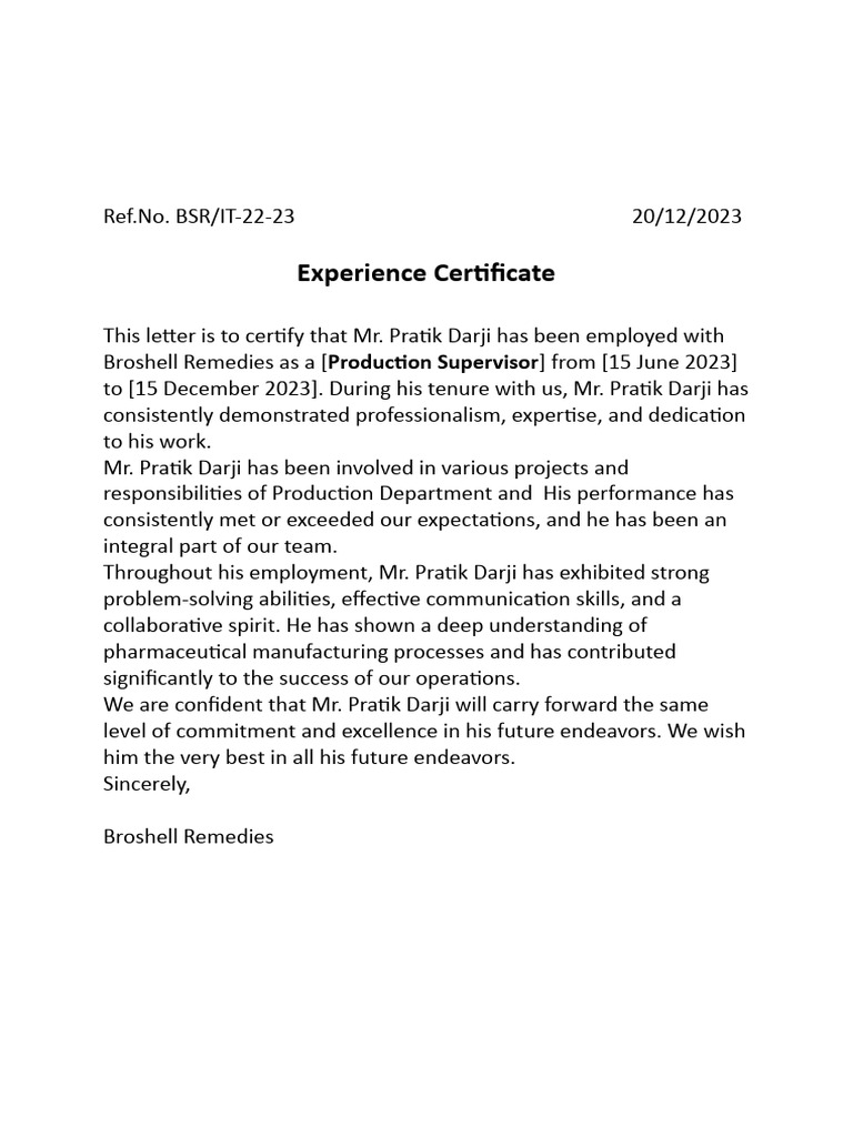 Production Supervisor Experience Certificate | PDF
