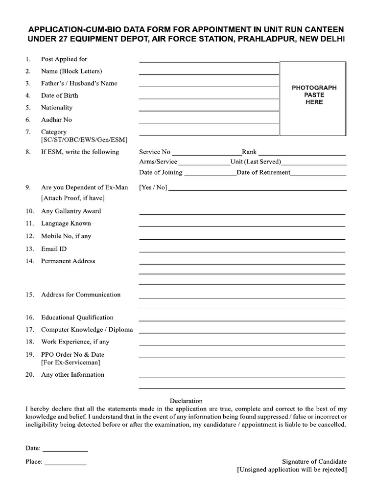Delhi Air Force Canteen Application Form 2024 | PDF