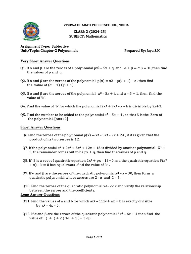 Polynomials Assignment | PDF | Polynomial | Zero Of A Function