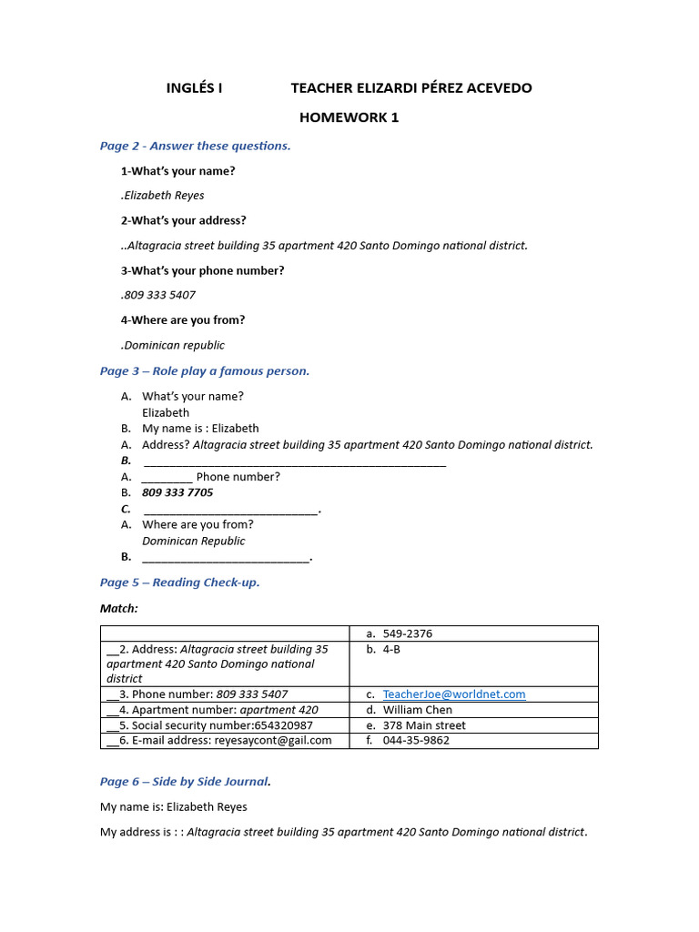 INGLÉS I - HOMEWORK - Act. Implementadas Por La Docente - Elizabeth ...